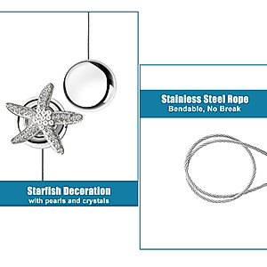 KOLAKO Curtain Tiebacks, Magnetic Curtain Holdbacks Silver Crystal Drapery Magnet Pearl Decorative Modern Curtain Buckle Starfish Metal Curtain Holders No Drill, Ties Backs for Curtains 4 Pack