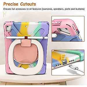KENOBEE Case for iPad 9.7 6th/5th 2018/2017 / Air 2 / Pro 9.7, 360° Rotating Multi-Functional Handle-Kickstand Shockproof Cover Built-in Screen Protector & Shoulder Strap, Rainbow Pink