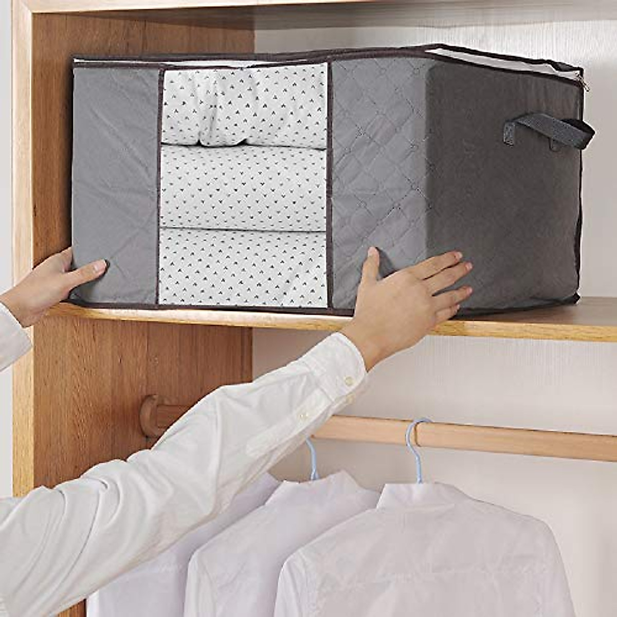 Breathable Clothing Blankets Storage Bag Organizer with Handle and Clear Window for Comforter Storage Bins Storage Bags Sweater Storage Clothes Storage Containers, 3pc Pack, Gray