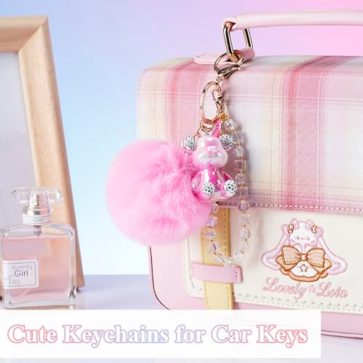 HONYJOOM Teddy Bear Keychain， Pink Keychain Accessories， Key Chains Women Cute， Puff Ball Keychain (Pink)