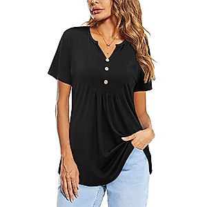 LAISHEN Women's Short Sleeve Henley V Neck Shirts Button Down Tunic Tops Casual Summer Blouse(Black,L)