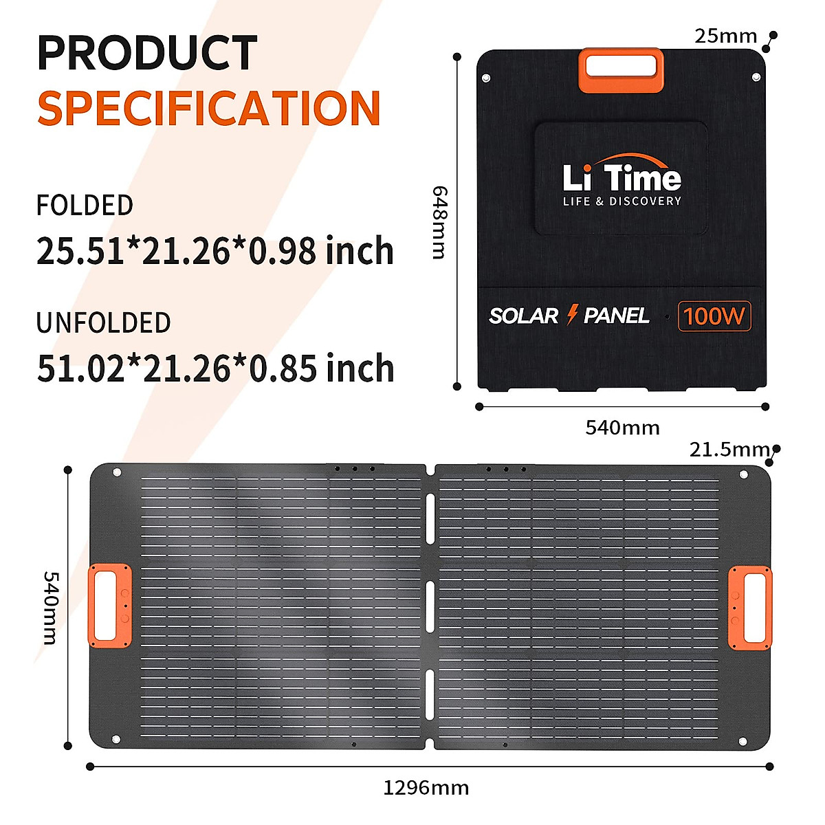 LiTime 100W Portable Solar Panel, Mono Crystalline Silicon Cells, IP67 Dust & Water Proof, Suitable for Portable Power Station, Using for RV, Camping, Overland etc.