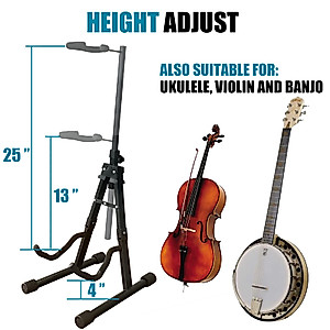 GLEAM Guitar Stand - Stable for Pet Owners and Children at Home Folding Acoustic Electric Classic Guitars Bass and Banjo Stand Adjust Height from 13'' to 25'' with Neck Holder Black