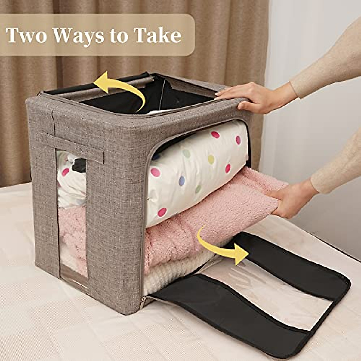 2 Pack 53L Oxford Steel Frame Storage Box for Closet Organization, Collapsible Storage Bins for Clothes blankets, Stackable Storage Boxs with Clear Windows and Handles, Beige
