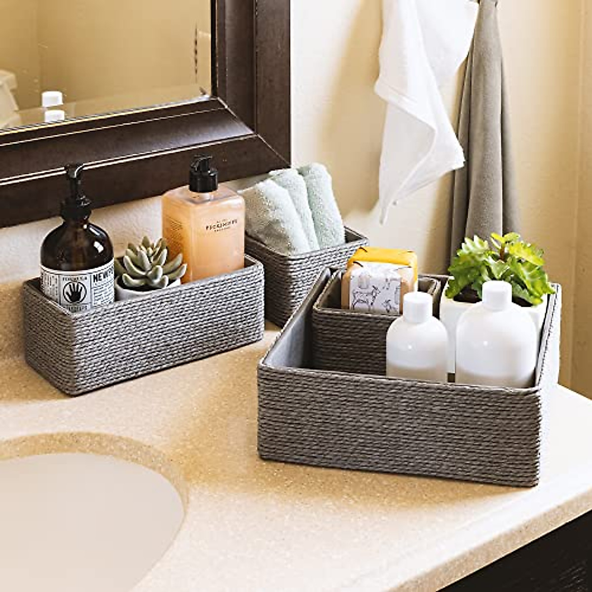Sorbus Storage Baskets 4-Piece Set - Stackable Woven Basket Paper Rope Bin Boxes for Makeup, Office Supplies, Bedroom, Closet (Gray)