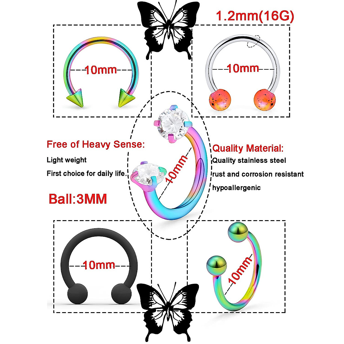 Uqnwbdq 16G Septum Rings Piercing Jewelry 316L Surgical Stainless Steel Horseshoe Septum Nose Eyebrow Lip Ring Cartilage Helix Tragus Rook Daith Ear Gauges Earring Hoop Piercing Retainer Women Men