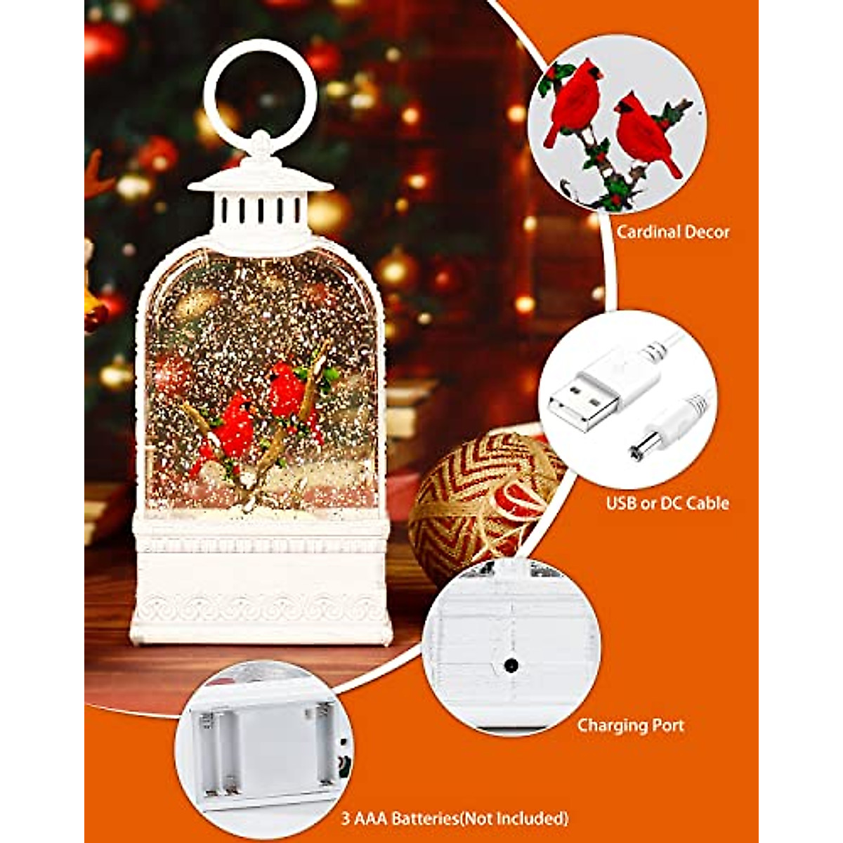 Christmas Cardinal Snow Globes,Musical Lighted with 6H Timer Swirling Glitter, Christmas Decoration Snow Globe Lantern, Red Bird Cardinal Gifts Christmas Decoration Indoor for Home