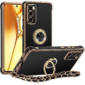 Miss Arts for Samsung Galaxy S20 FE 5G Case, Ring Holder Stand Luxury Bling Electroplated Phone Case with Strap, Cute Soft TPU for Galaxy S20 FE 5G Cover for Women Girls, Black