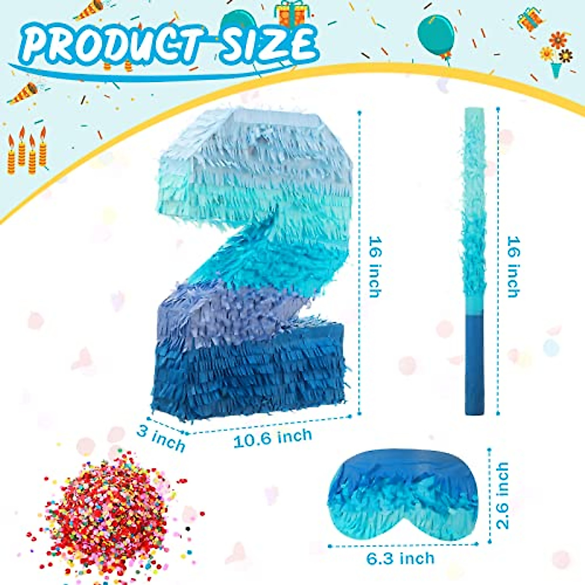 Number 2 Pinata with Stick Blindfold Confetti, Gradient Blue Pinata for Kids 2nd Birthday Party Large Blue Pinata for Boys Girls Birthday Anniversary Celebration Decoration Supplies (Number 2)