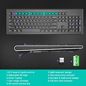 Wireless Keyboard and Mouse Combo, 2.4G Full-Sized Ergonomic Keyboard Mouse Wireless,3 DPI Adjustable Cordless USB Keyboard and Mouse,Full Numpad,Quiet Click for Computer/Laptop/Windows/Mac