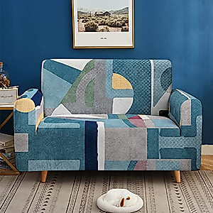 HOSIMA Geometric Irregularity Sofa Covers for 4 Cushion Couch,Blue and Grey X-Large Couch Slipcover,Printed Stretch Washable X-Large Slipcover Furniture Protector for Living Room,X-Large(93-118 inch)