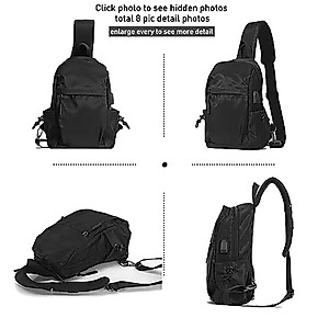 Small Black Sling Crossbody Backpack Shoulder Bag for Men Women, Waterproof Lightweight One Strap Backpack Sling Bag Backpack for Hiking Walking Biking Travel Cycling USB Charger Port-Nylon