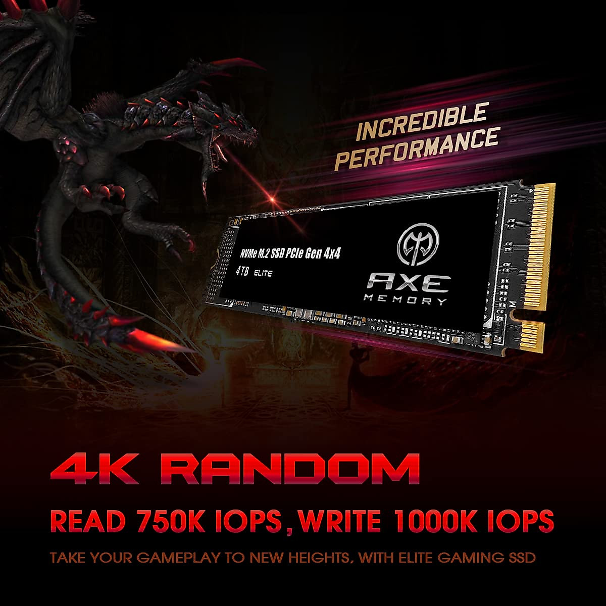Axe Memory Elite Internal SSD 4TB Gen4 PCIe NVMe M.2 2280 Solid State Drive - Read Up to 7,200MB/s Write, Up to 6,500MB/s DDR4 2GB DRAM Cache