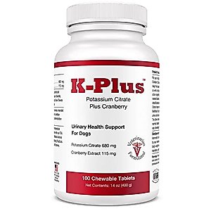 K-Plus Potassium Citrate Plus Cranberry Supplement for Dogs - UTI Remedy Chewable Tablets - Supports Bladder Health - For Every Dog Breed (100 Tabs)