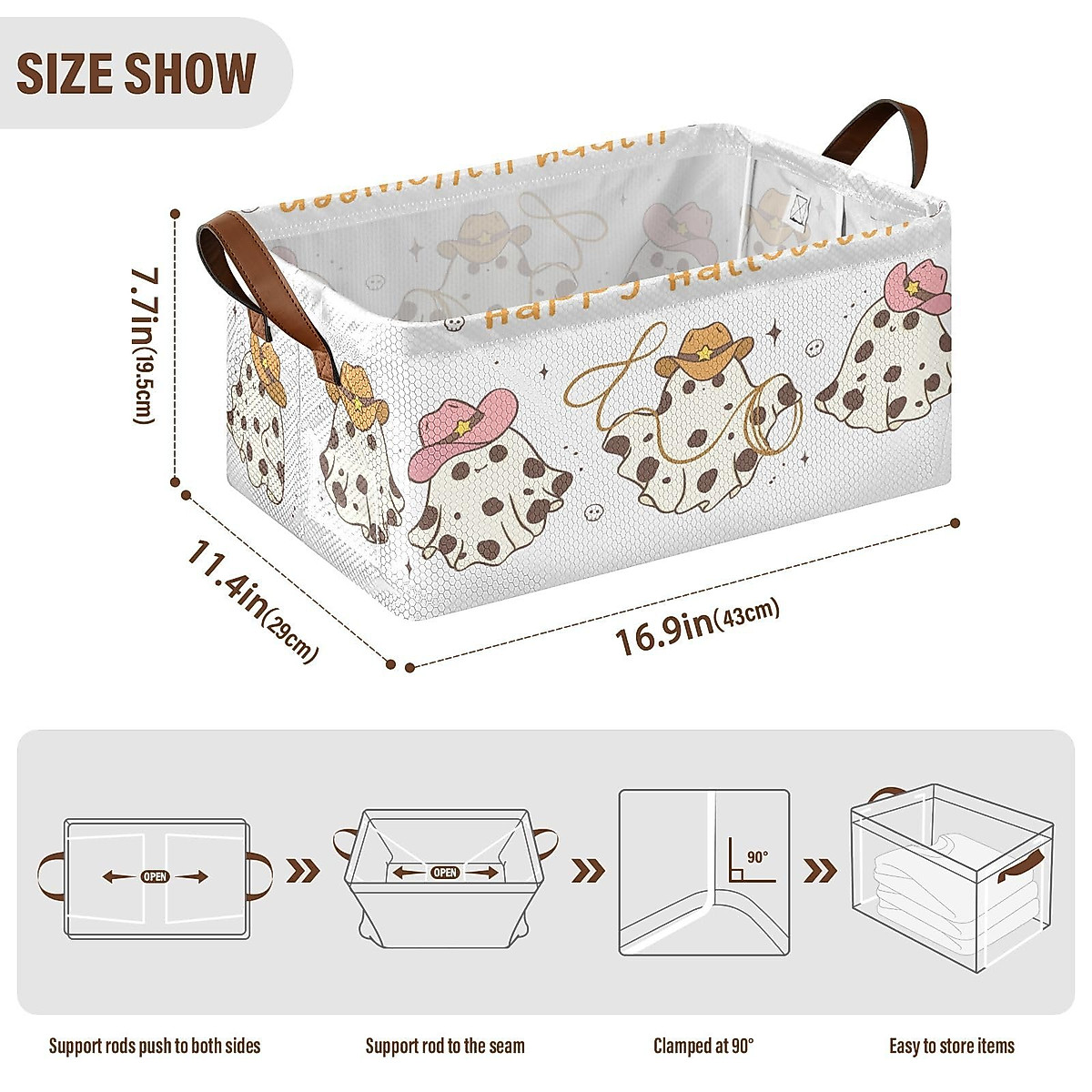 Exnundod Cute Cowboy Ghost Storage Bins Kawaii Halloween Stroage Basket with Metal Frames Collapsible Storage Bin with Handles Organizing Closet Blanket Toys, 1PC