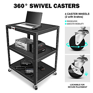 DNA MOTORING 3-Layer Utility Steel AV Cart with Wheels Power Strip, 35" x 25" x 24"-42" Height Adjustable Rolling Projector Cart,TOOLS-00137