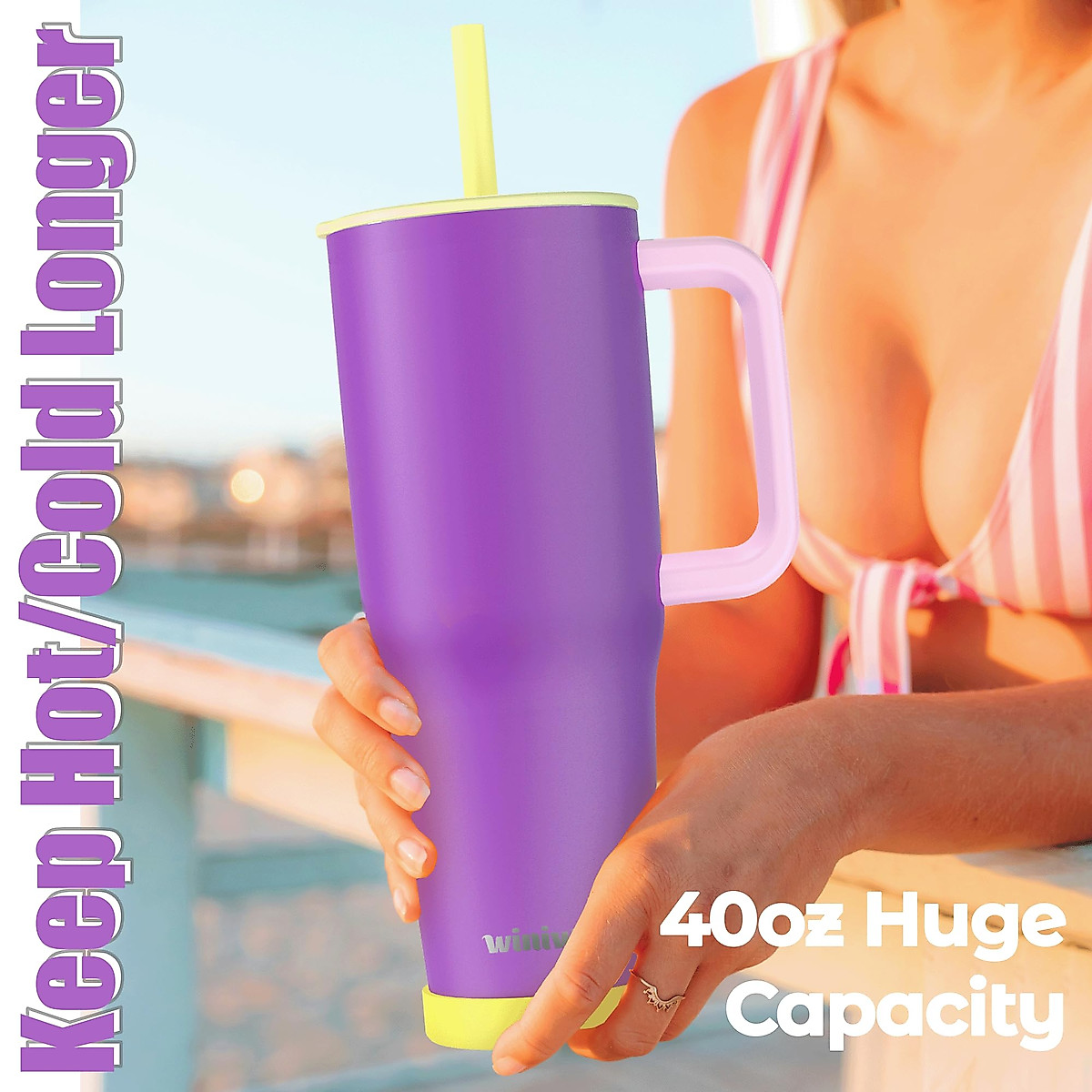 winiwo 40 oz Tumbler with Handle and Straw for Her, Flexible Straw, Insulated Tumbler Cups with Silicone Bottom, Keeps Beverages Cold Up to 24 Hours, Gym/Work/Travel/School/Gift（Grape Purple）