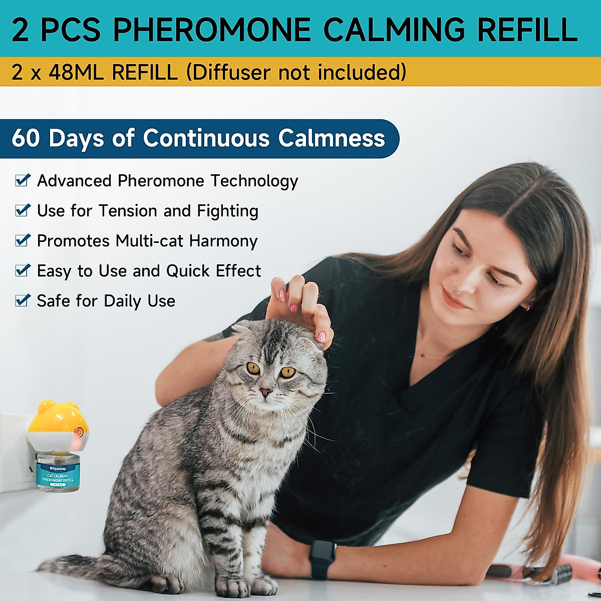Woyamay Cat Calming Diffuser Refills - Cat Pheromones Calming Diffuser for Cats Relieve Anxiety & Stress, 2-Month Supply Cat Pheromone Diffuser Refills (Fits All Common Diffuser