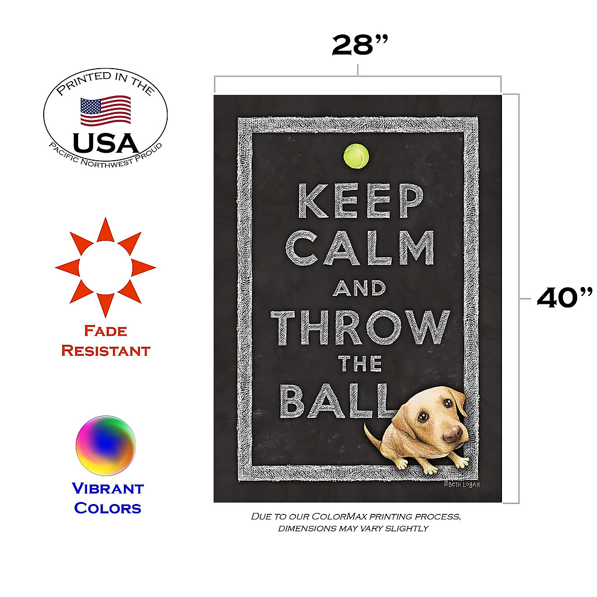 Toland Home Garden 109782 Keep Calm And Throw The Ball Dog Flag 28x40 Inch Double Sided Dog Garden Flag for Outdoor House Puppy Flag Yard Decoration