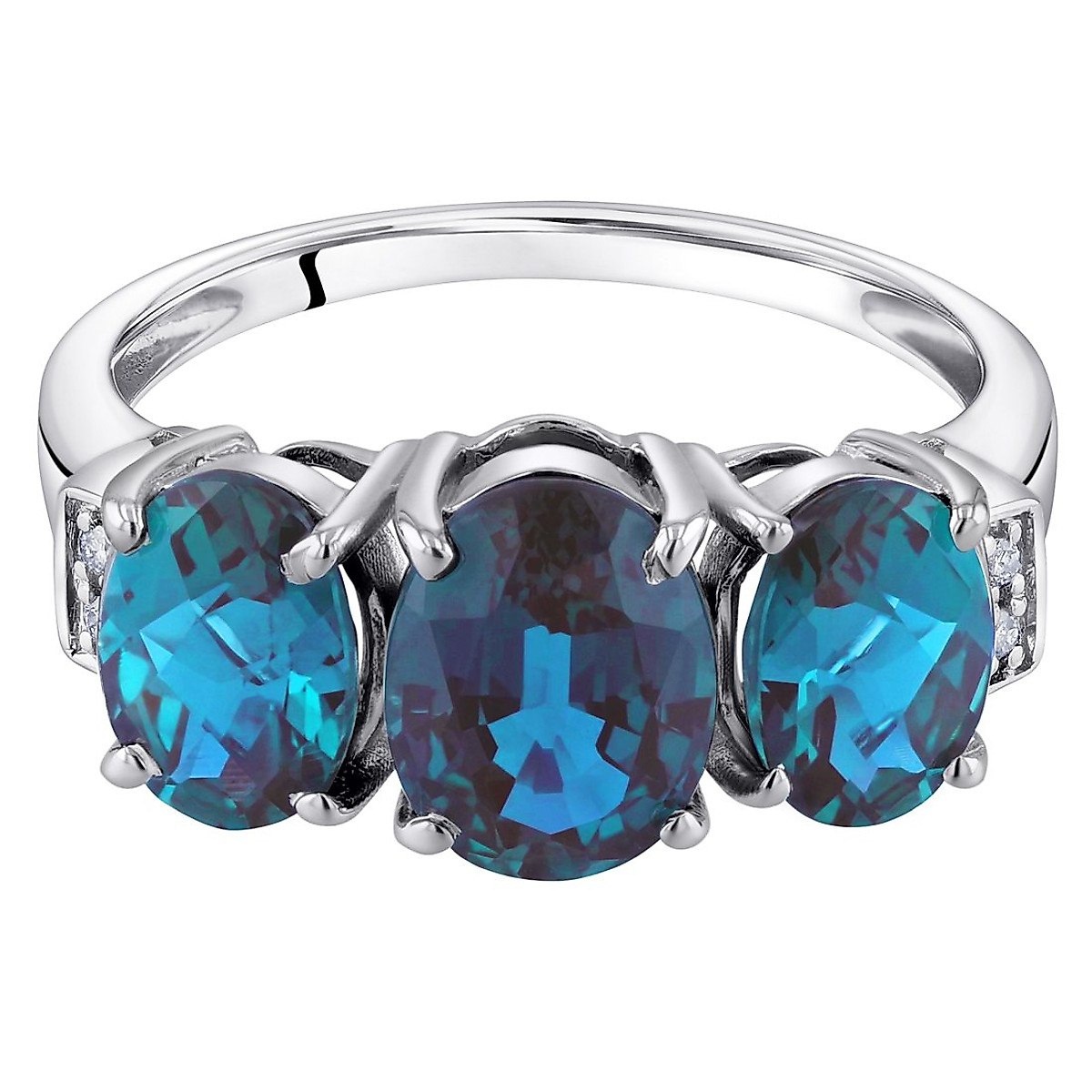 PEORA Created Alexandrite and Genuine Diamond Three Stone Triune Ring for Women 14K White Gold, 2.75 Carats total Oval Shape 7x5mm, Size 6