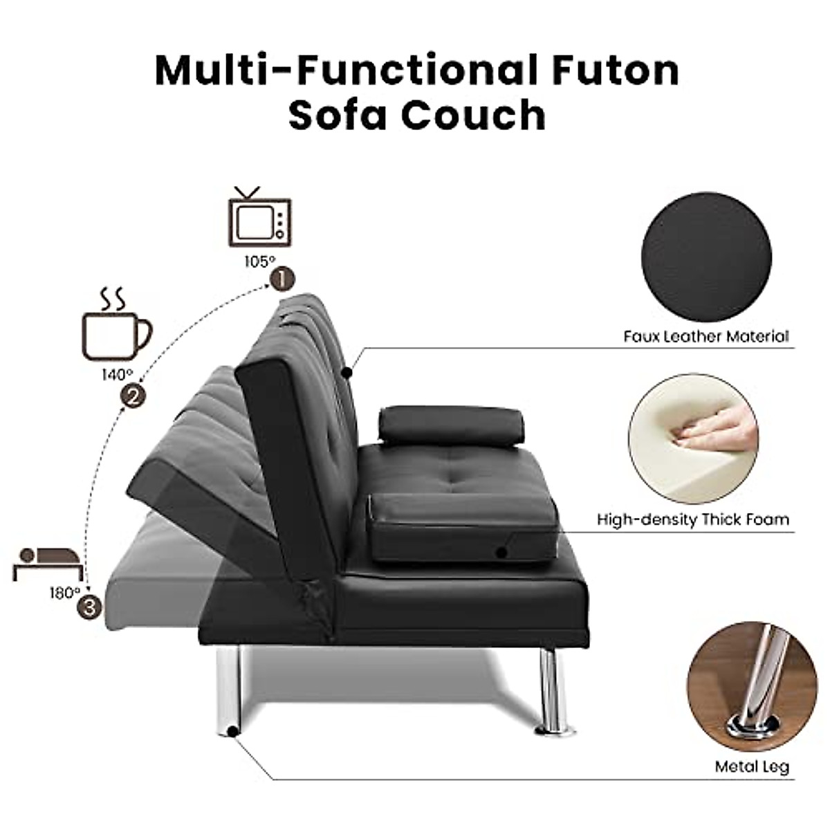 DKLGG Modern Futon Sofa Bed Faux Leather Convertible Recliner Couch with 2 Cup Holders, Armrest and Metal Legs Home Furniture (Dark Black)