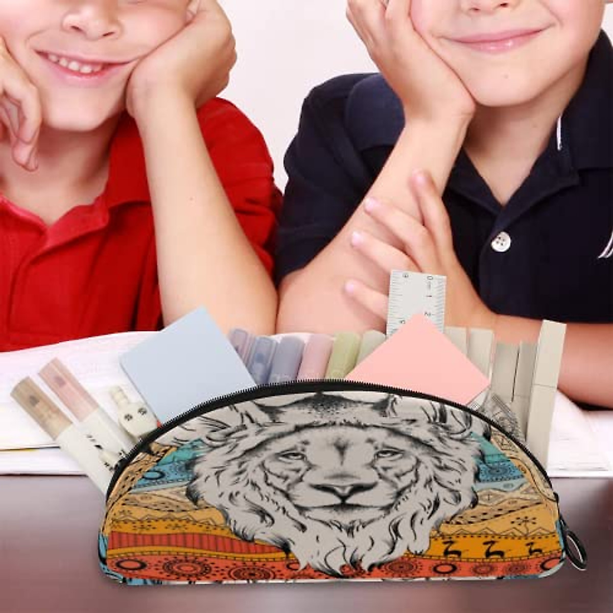 Pardick Pencil Case Animal Lion Enthnic Pencil Pouch Pencil Bags Half Round Pencil Organizer with Zipper, Adults Pencil Boxes Makeup Bag Pencil Storage Bag for Office School