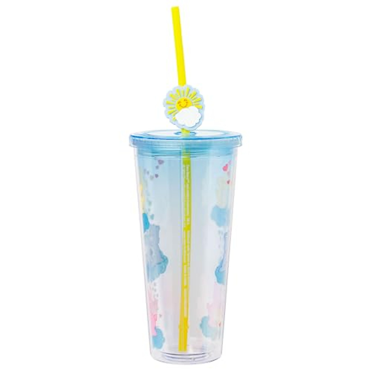 Silver Buffalo Care Bears Featuring Funshine Bear, Grumpy Bear, and Love-a-Lot Bear Glitter Plastic Cold Cup with Lid and Straw Topper, 24 Ounces