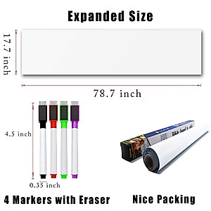 Self Adhesive White Board Paper - Dry Erase Wall Stickers Roll 17.7" x 78.7" (6.5 Feet) Message Board Wallpaper Decal for School/Office/Home/Kid/Art/Decoration, Safe for Adults & Kids with 4 Markers