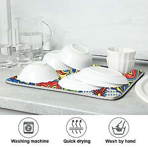Mexican Talavera Tile Dish Drying Mat for Kitchen Counter, Microfiber Dish Drainer Mat for Kitchen Countertop 18 x 24 inch