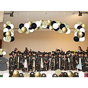 Black and Gold Confetti Balloons, 50 Pack 12inch White Latex Party Balloon Set with Gold Ribbon for Graduation Wedding Birthday Baby Shower Decorations