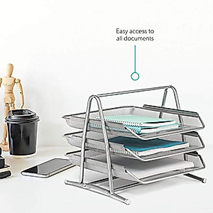 Mindspace Desk Organizer Paper Tray with 3 Tier Desktop File Organizer | Office Organizer & Stacking File Holder, Document Organization for Desk | The Mesh Collection, Silver