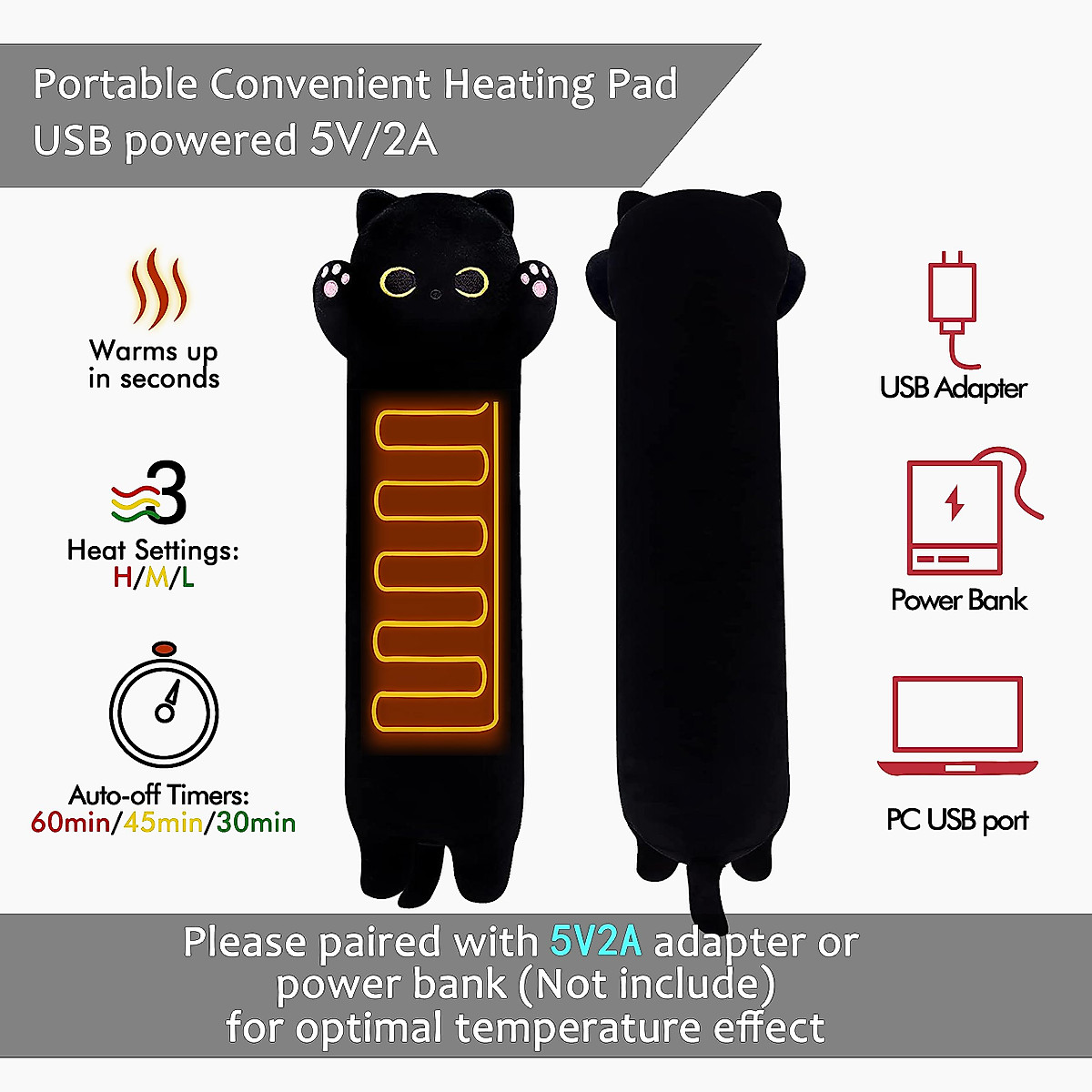Heating Pads for Period Cramps & Menstrual Pain Relief, Portable Cute Stuffed Animal Heat Pad USB Powered for Car Trivel, Gift for Women Mom Teen Girls Birthday（Black cat2）