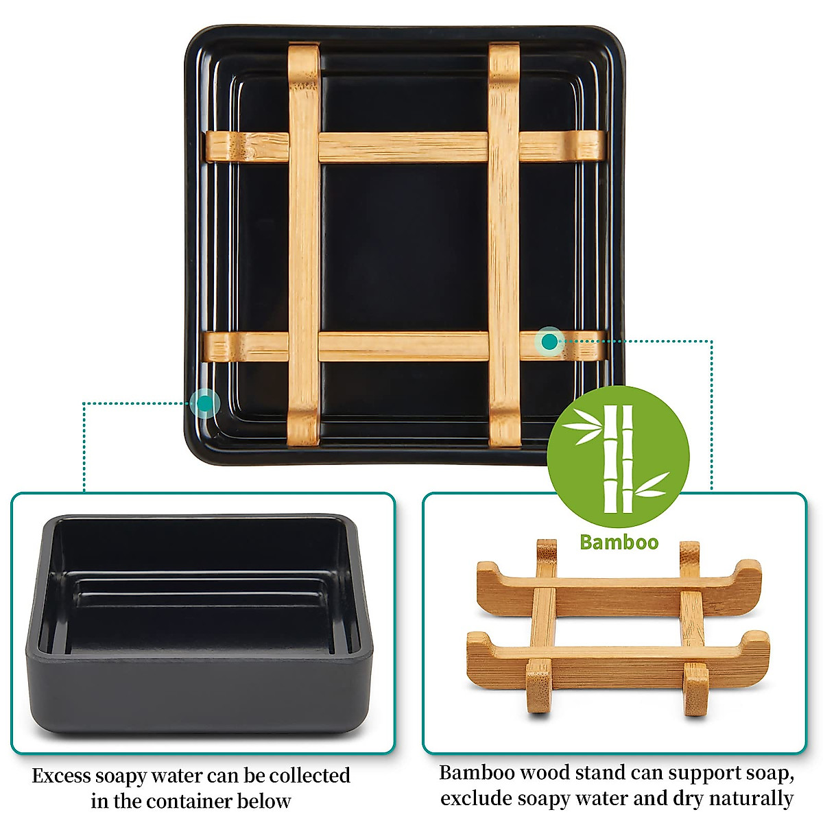 Wooden Bamboo Square Soap Dishes for Bar Soap Holder for Shower with Drain for Bathroom Small Soap Dish Detachable（Double Pack Right Angle Black）