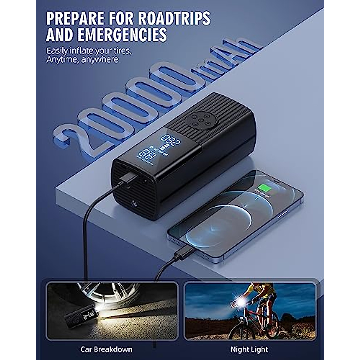 Tire Inflator Portable Air Compressor - 180PSI & 20000mAh Portable Air Pump, Accurate Pressure LCD Display, 3X Fast Inflation for Cars, Bikes & Motorcycle Tires, Balls.