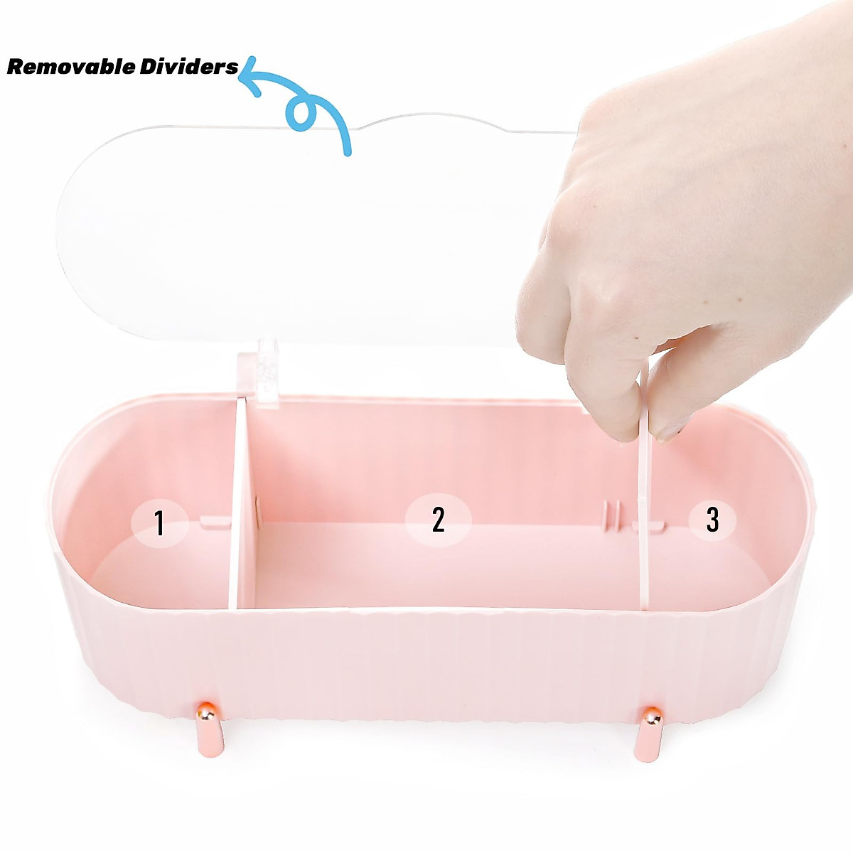 ZOOFOX 2 Pack Qtip Holder Dispenser, Cotton Pads Holder with Clear Lid, Adjustable 3-Grid Bathroom Canisters for Cotton Ball, Swab, Round Pads, Floss, Perfume, Lipstick