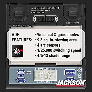 Jackson Safety Premium Auto Darkening Welding Helmet 4/5-13 Shade Range, 1/1/1/1 Optical Clarity, 1/25,000 sec. Response Time, 370 Speed Dial Headgear, Freedom Graphics, Red/White/Blue, 47103