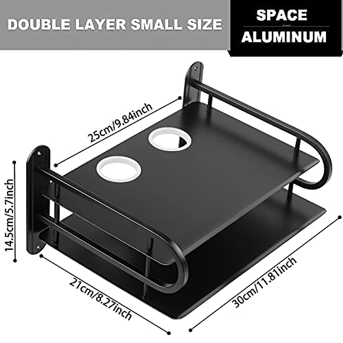 Z-COLOR Black Metal Double Wireless WiFi Router Storage Box / TV Set Box Shelf Wall Hanging Plug Board Bracket Cable Storage Organizer (Small)