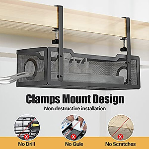 Under Desk Cable Management Tray Black, Cinati Cable Management Under Desk No Drill, Cable Tray with Clamp for Desk Wire Management,Desk Cable Management Box for Office, Home - No Damage to Desk