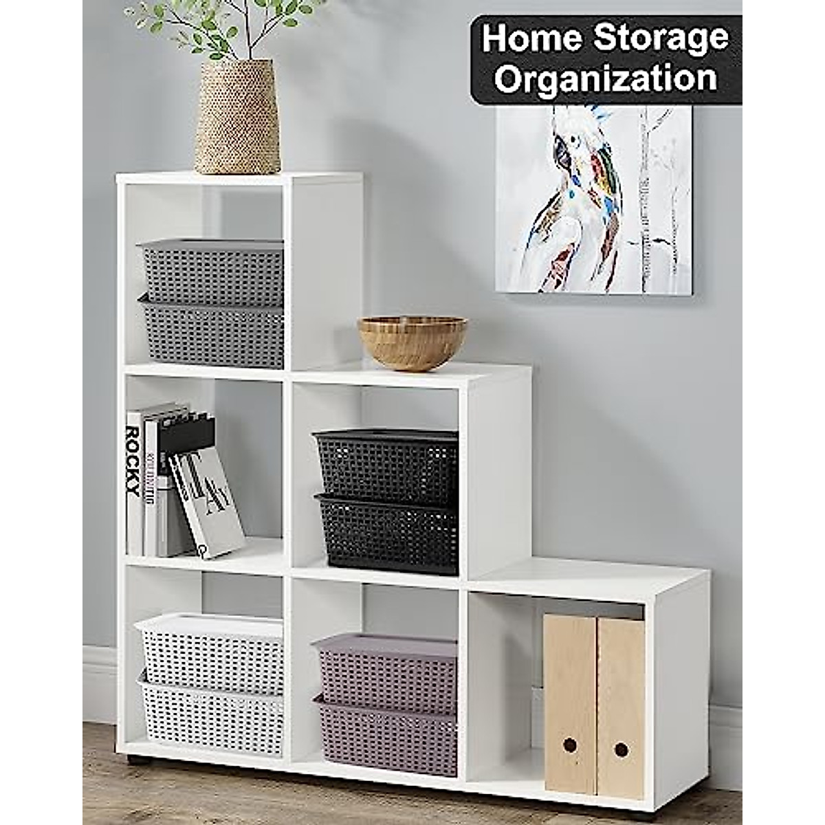 RAXMETRY Plastic Storage Baskets with Lids Pantry Organization and Storage Bins Lidded Container Organizers for Shelves Desktop Drawer Closet Bedroom, Black