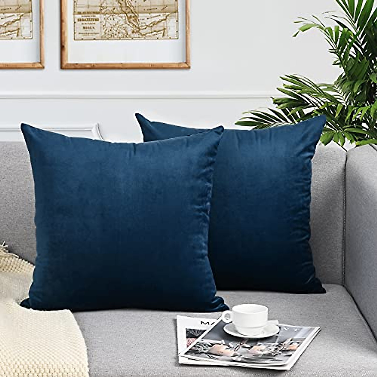 Yastouay 2 Pack Throw Pillow Covers, Navy Blue Decorative Pillow Covers, Solid Sofa Pillows, Soft Velvet Pillow Case, Square Accent Cushion Covers for Sofa Couch Bed Chair, 18 x 18 Inches