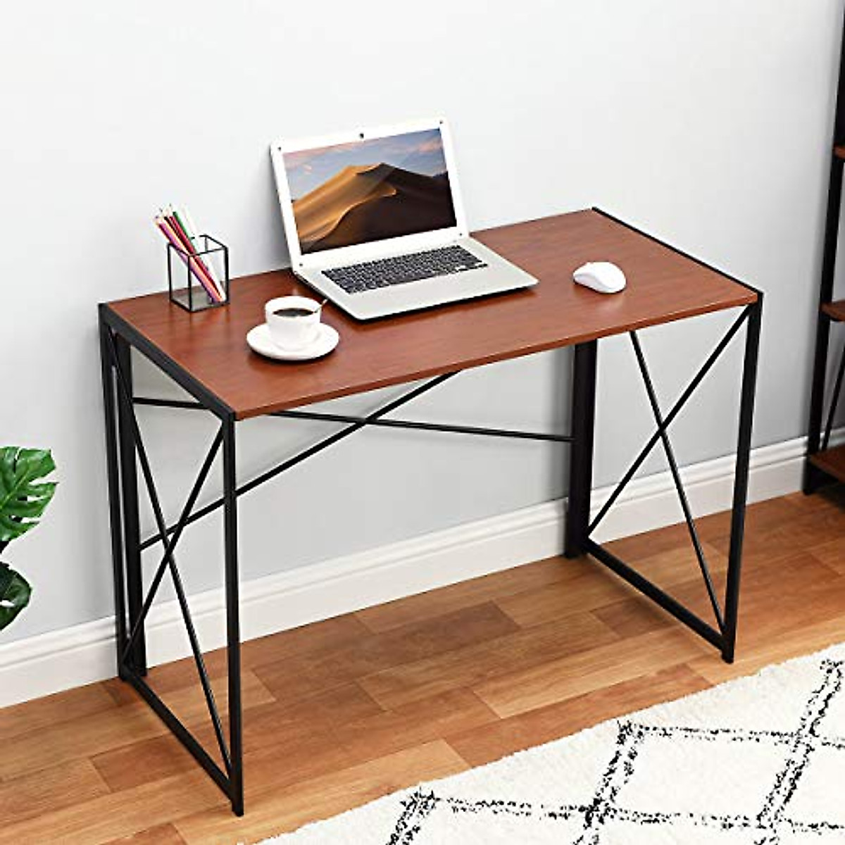 Writing Computer Desk Modern Simple Study Desk Industrial Style Folding Laptop Table for Home Office Notebook Desk Walnut Brown Desktop Black Frame…