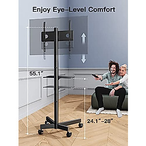 PERLESMITH Mobile TV Cart with Wheels for 23-60 Inch LCD LED OLED Flat Curved Screen Outdoor TVs Height Adjustable Shelf Floor Stand Holds up to 55lbs Monitor TV Holder with Tray Max VESA 400x400mm
