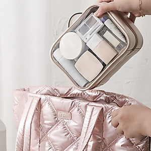 Veki TSA Approved Toiletry Bag Transparent Makeup bag Double Travel Cosmetic bags Case Waterproof Toiletries Bag Large Capacity Open Storage bag Organizer for Women and Girls (Small Pink)