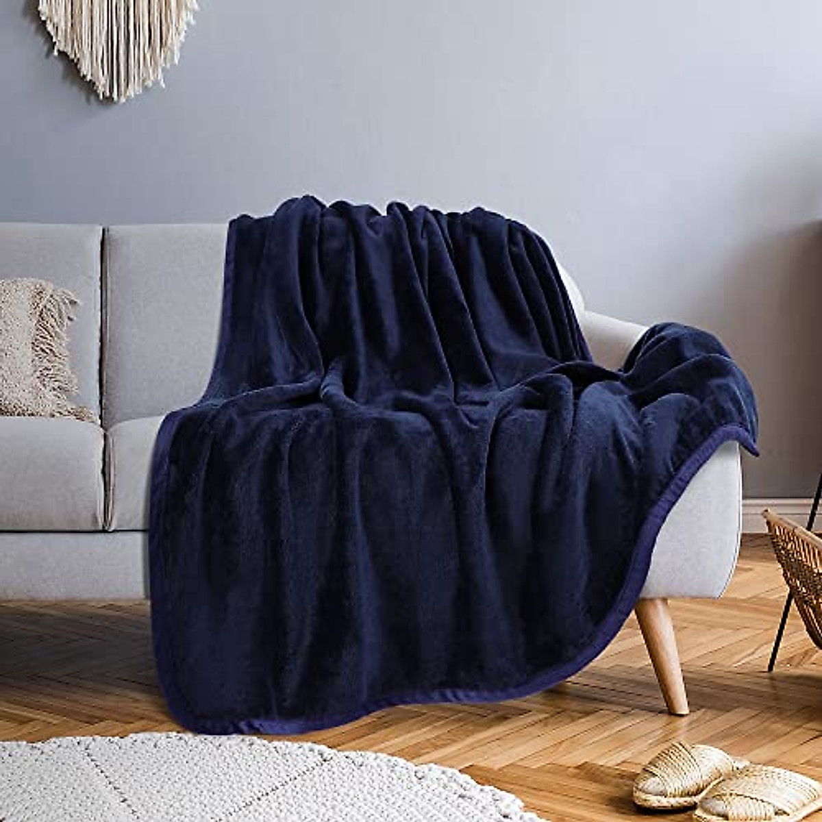 PiccoCasa Flannel Fleece Blanket Soft Lightweight Warm Fuzzy Blanket for All-Seasons, Luxury Comfy Decorative for Couch Living Room 50"x60" Navy Blue