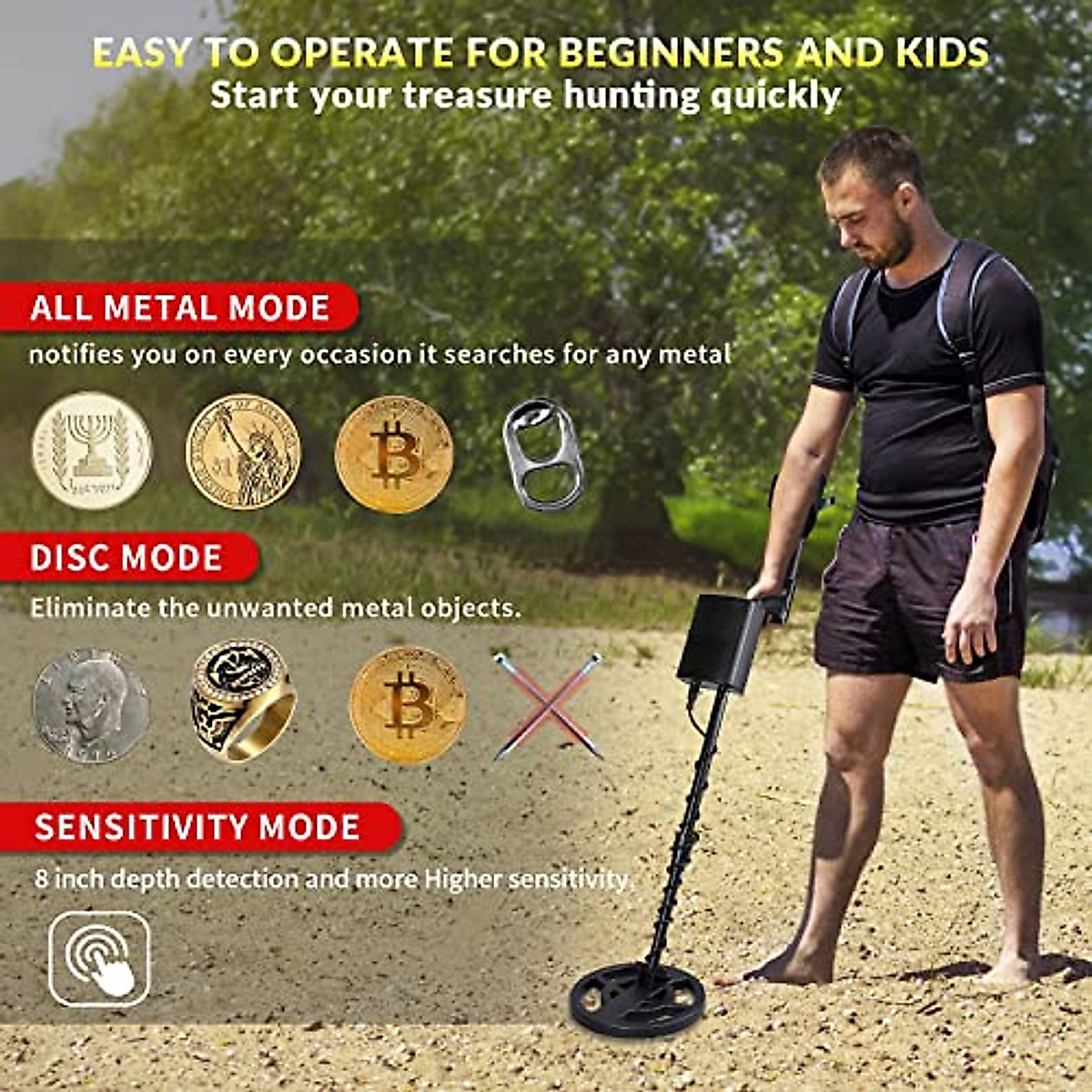Metal Detector for Adults Professional, Waterproof 8'' Coil High Accuracy Gold Metal Detector with LCD Display, Advanced DSP Chip, DISC&All Metal Mode, for Beach Detecting, Treasure Hunting