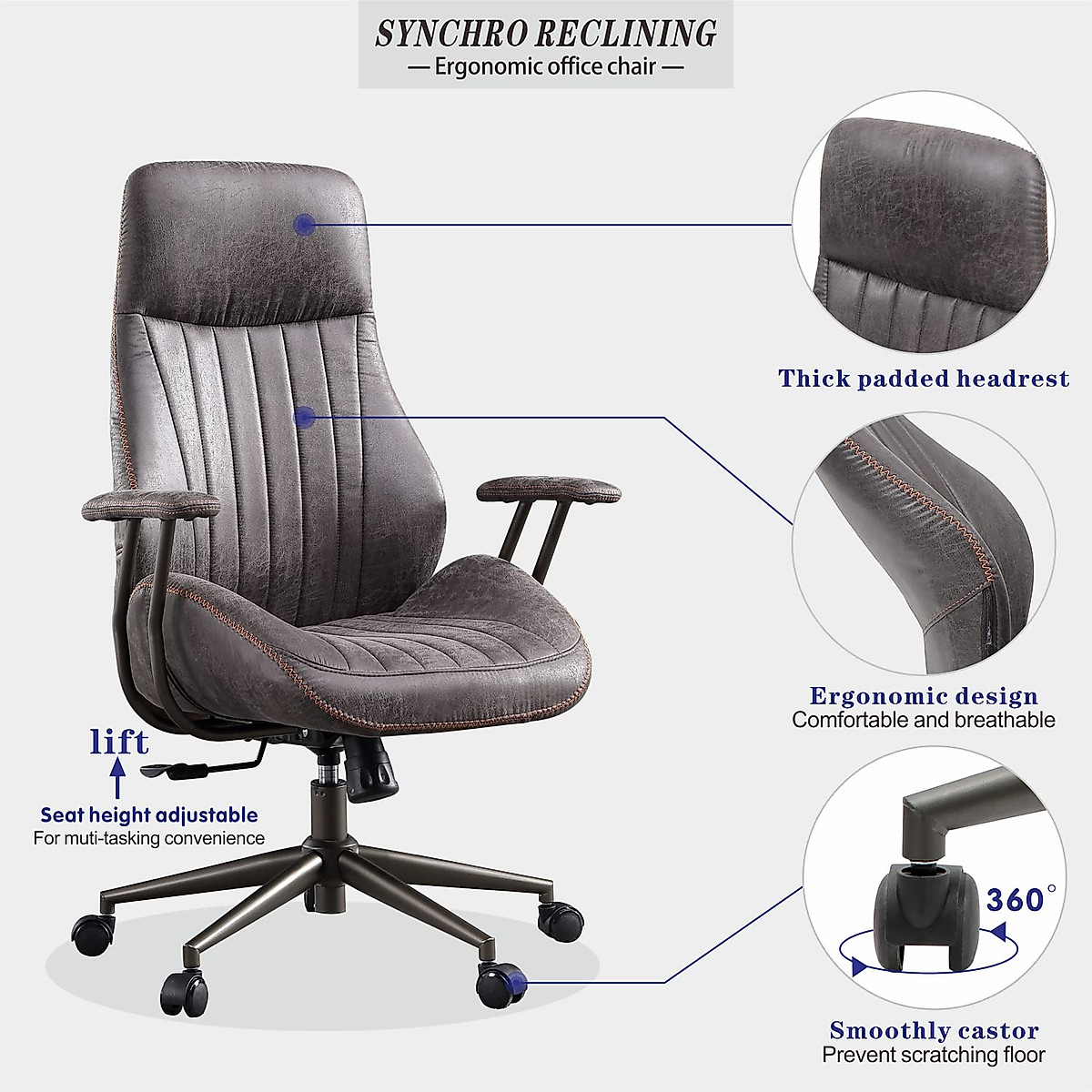XIZZI Ergonomic Chair, Modern Computer Desk Chair,high Back Leathe Office Chair with Lumbar Support for Executive or Home Office (Gray-Black)