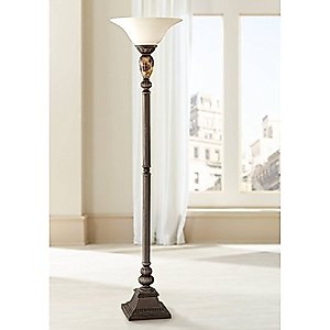 kathy ireland Mulholland Rustic Vintage Torchiere Floor Lamp Standing 72" Tall Bronze Tortoise Shell Font Frosted Glass Shade Decor for Living Room Reading House Bedroom Home Office