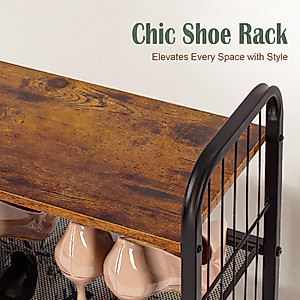 BWOORACKU Shoe Rack, 3-Tier Shoe Organizer with Guardrails, Heavy-Duty Metal Mesh Shelves & Rustic Wooden Top for Stylish Closet & Front Door Storage