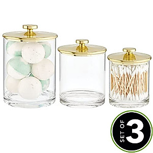 mDesign Plastic Apothecary Canister Jar Storage Organizer for Bathroom, Bedroom, Vanity, Kitchen Cabinet Organization - Holds Cotton Swab - Lumiere Collection - Set of 3 - Clear/Soft Brass