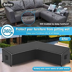 Velway Patio Sectional Sofa Cover V-Shaped Waterproof Super Windproof Sectional Couch Cover 100"x100" for Outdoor Garden Heavy-Duty UV Resistant Furniture Cover with 2 Air Vents Black